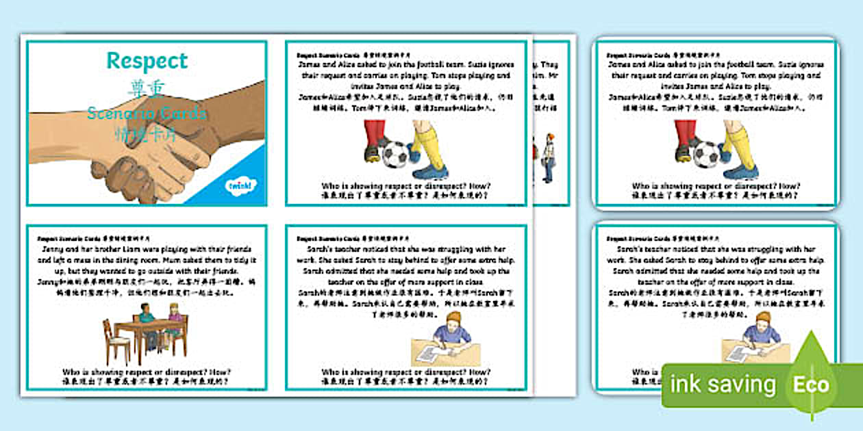 Respect Scenario Cards - English/Mandarin Chinese - Twinkl