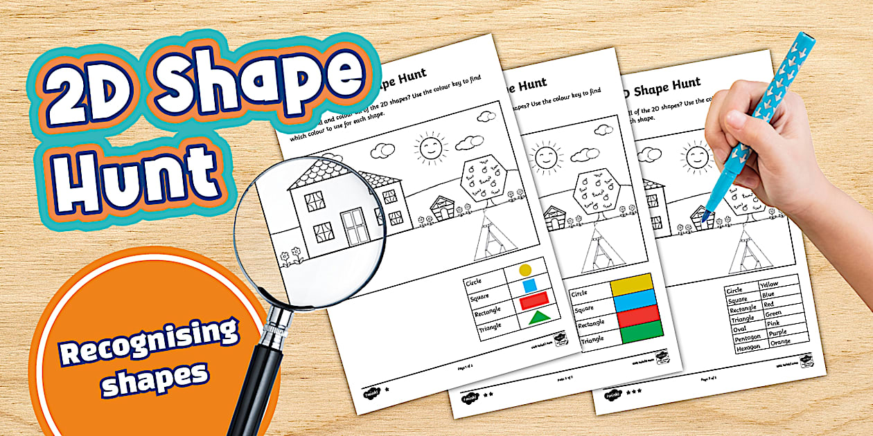 2D Shape Hunt Colouring Activity Sheets