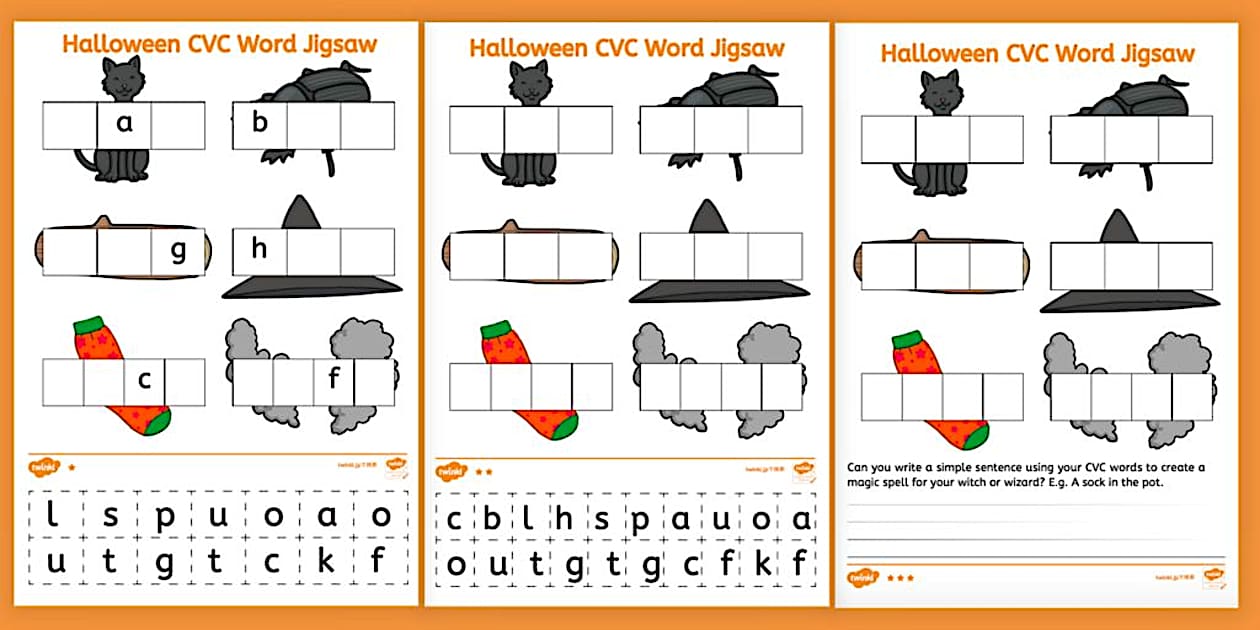 Halloween Phonics CVC Words Jigsaw Puzzle - Twinkl