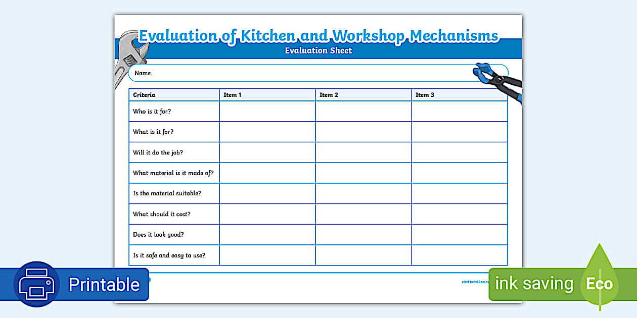 Kitchen and Workshop Mechanisms – Evaluation Sheet