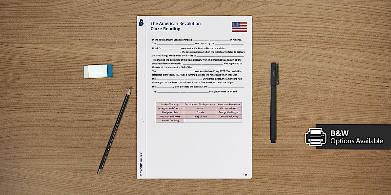 The American Revolution Cloze Reading Activity Sheet