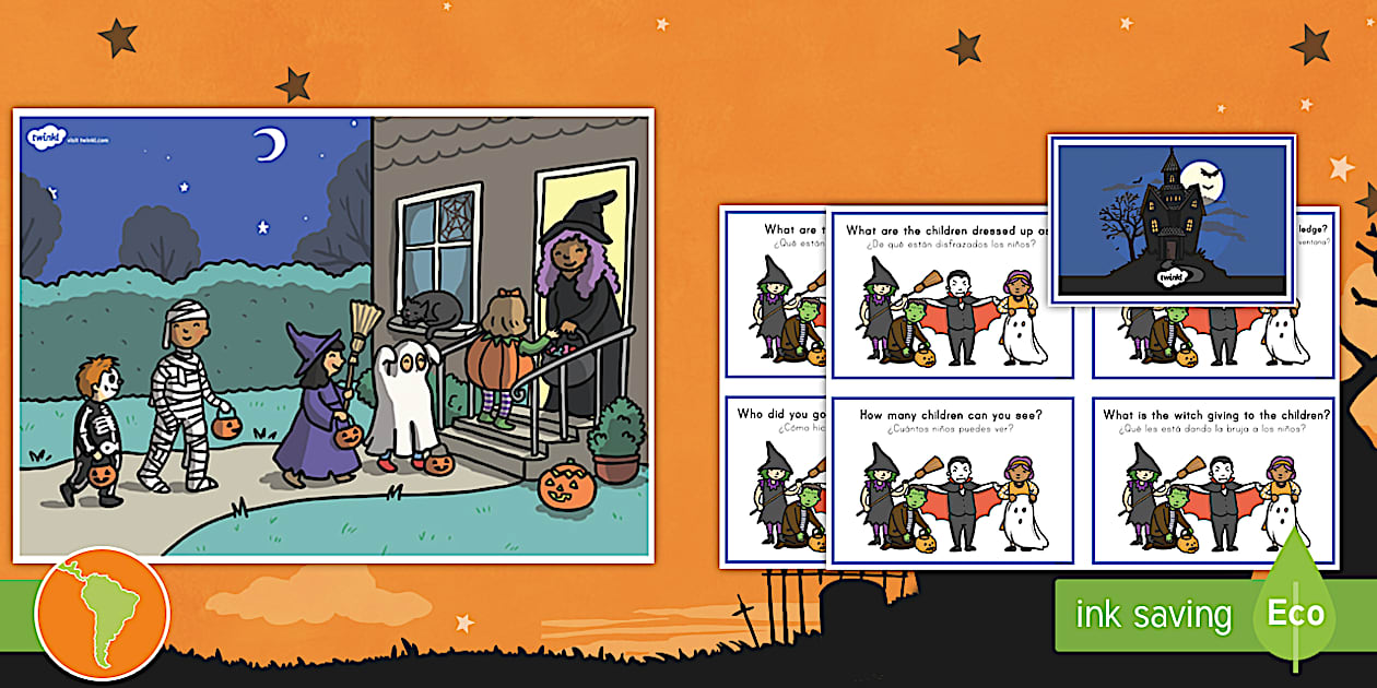 Halloween Scene and Question Cards English/Spanish - Twinkl