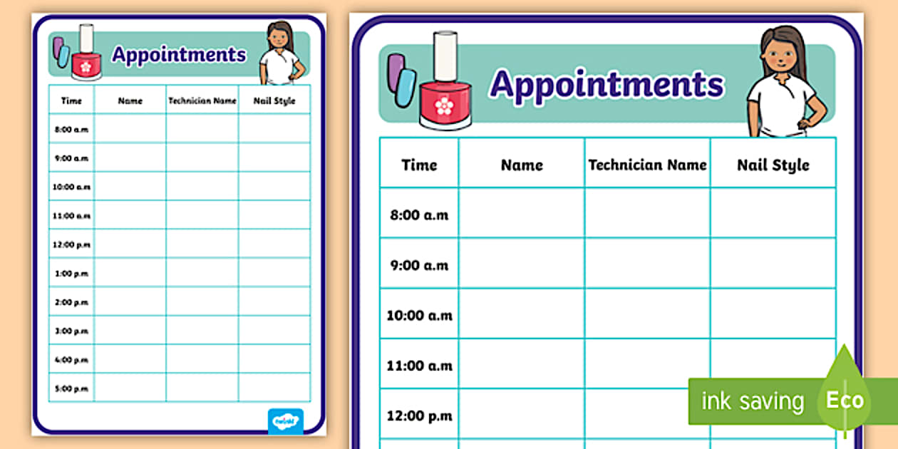 Nail Salon Role Play Appointment Sheet (teacher made)