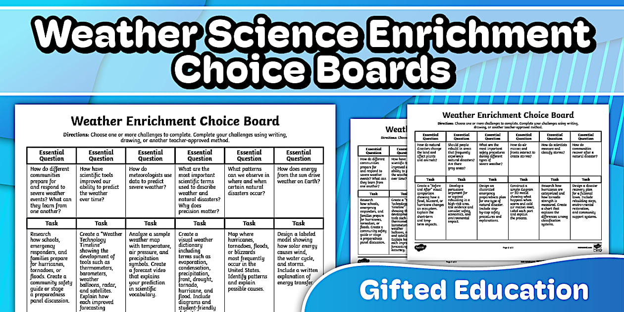 Weather Science Enrichment Projects Choice Boards
