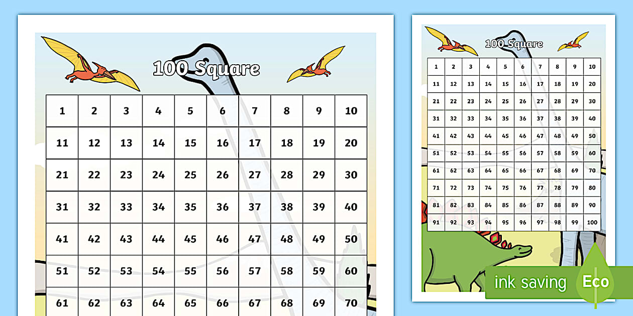 Editable Dinosaur Themed 100 Number Square - Twinkl