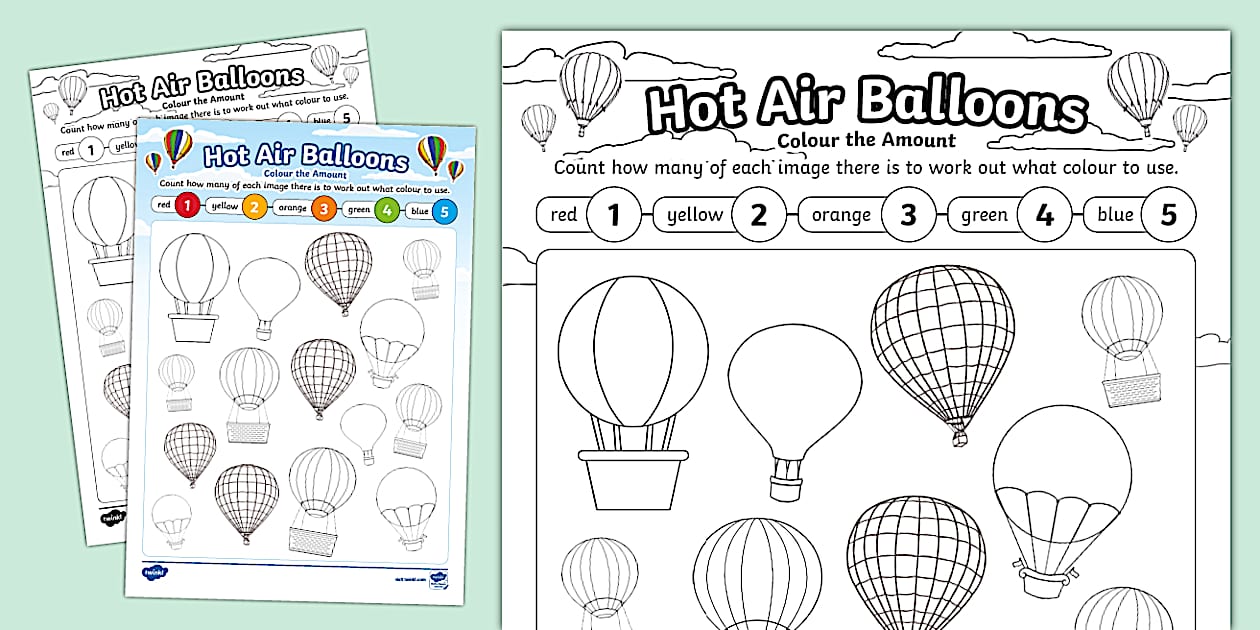 👉 Hot Air Balloons Colour the Amount Worksheet