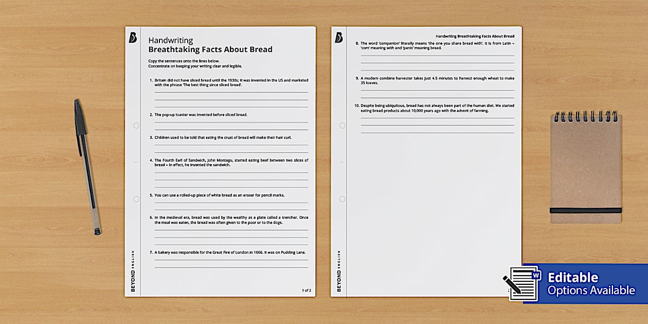 Breathtaking Facts About Bread Handwriting Worksheet