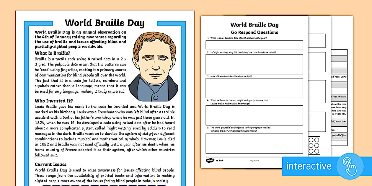 World Braille Day KS2 Differentiated Reading Comprehension Activity