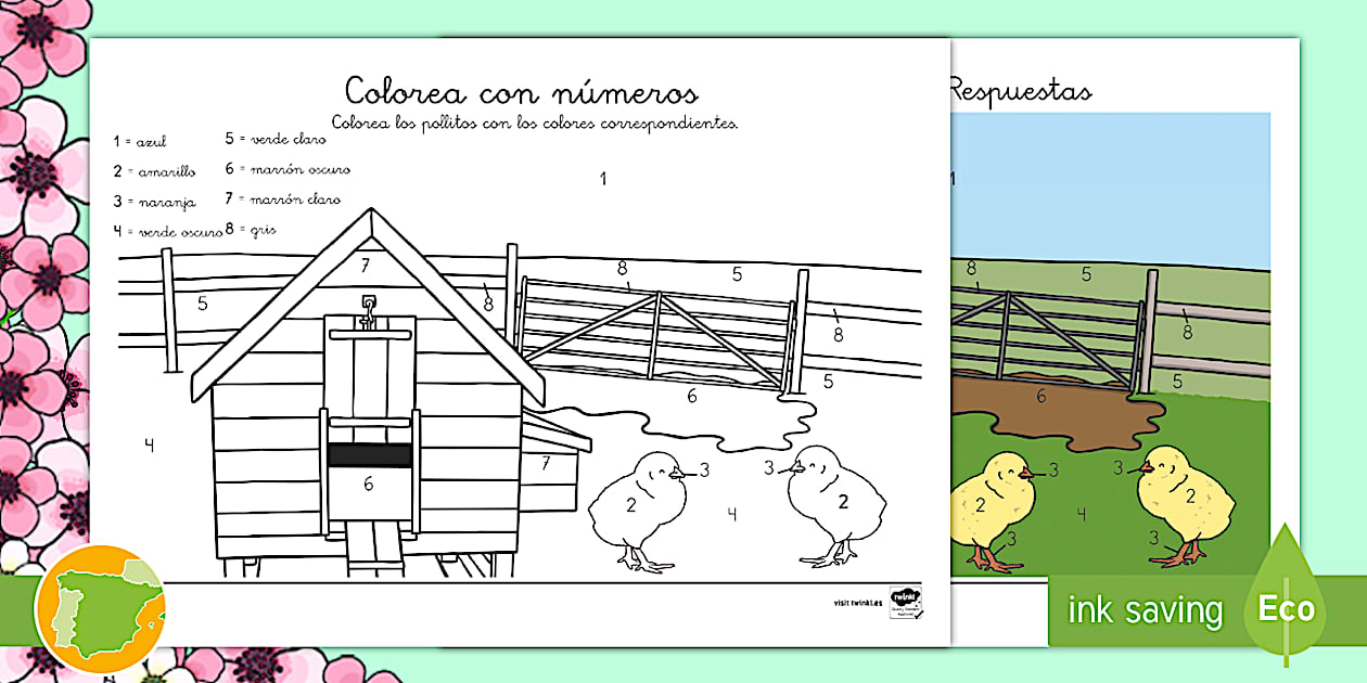 Ficha de actividad: Colorea con números los pollitos