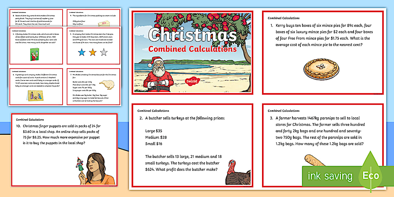 Christmas Combined Calculations Challenge Cards - Twinkl