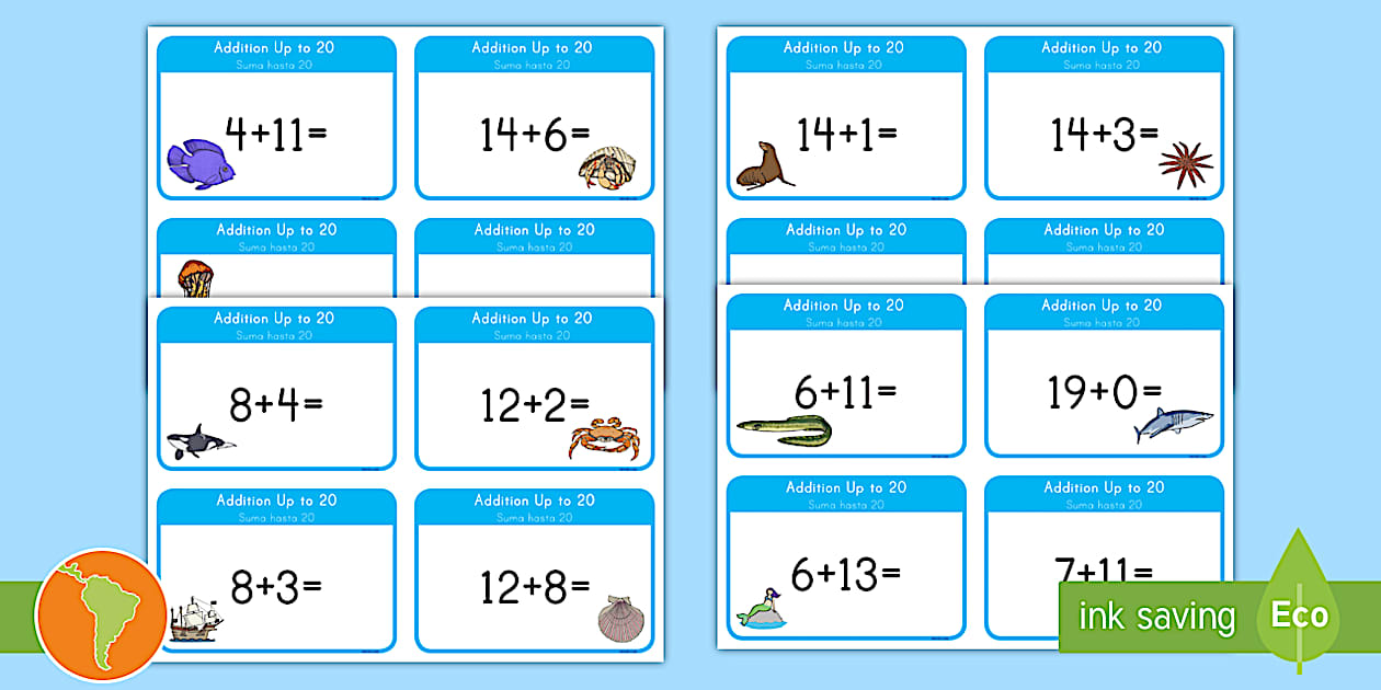 Addition up to 20 Cards English/Spanish - Addition up to 20 Cards