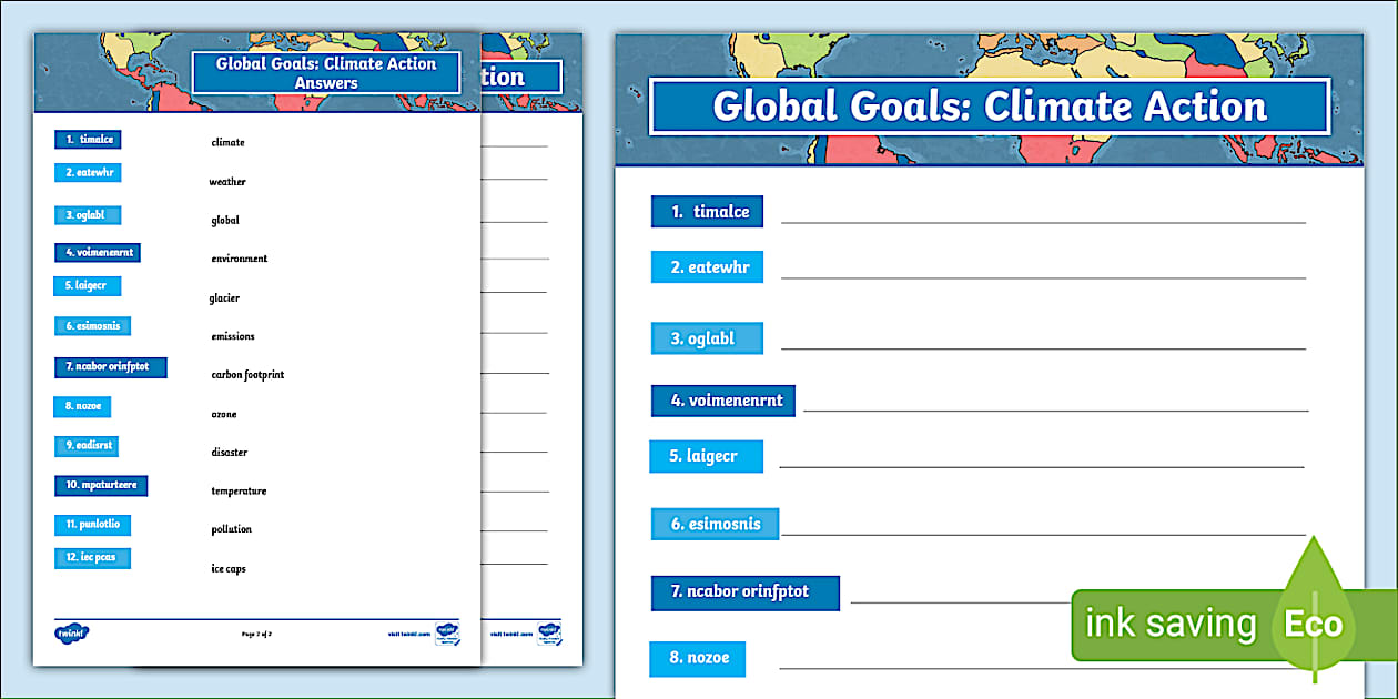 Global Goals: Climate Action Word Unscramble (teacher made)
