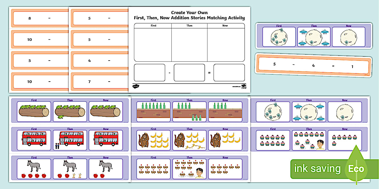 👉 First, Then, Now Subtraction Stories Matching Activity