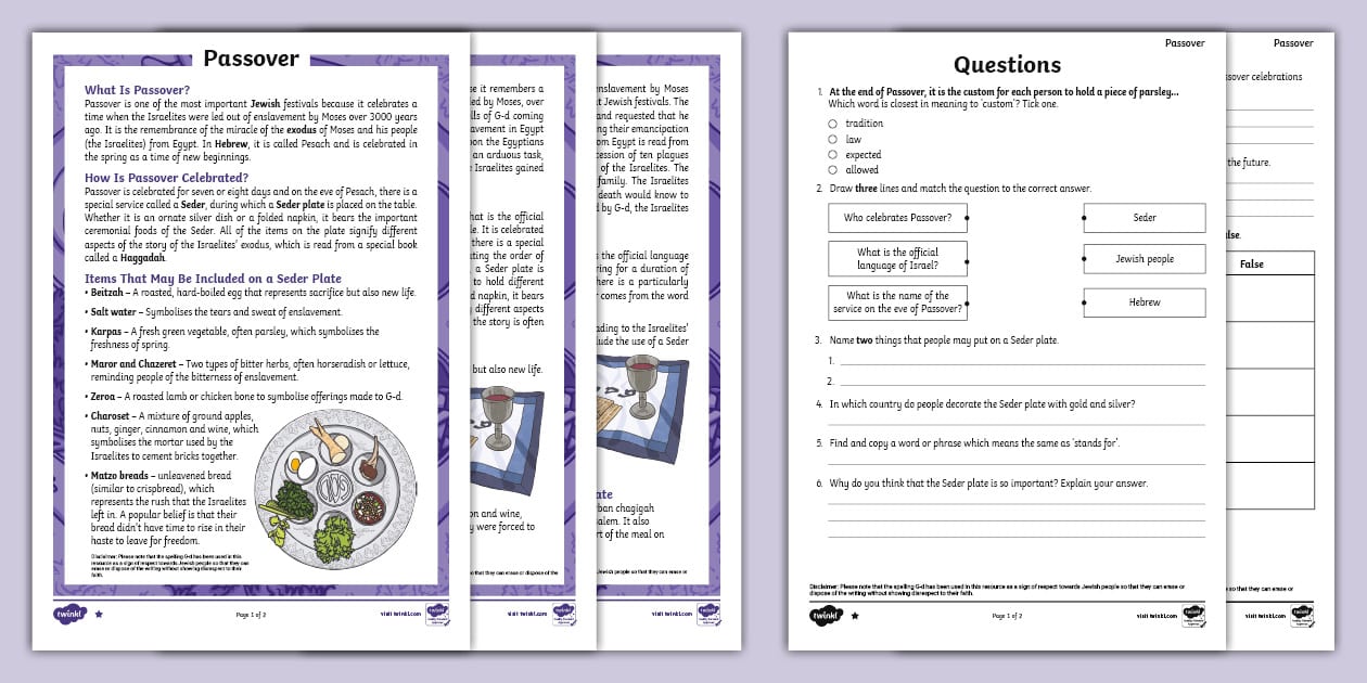 UKS2 Passover Differentiated Reading Comprehension Activity