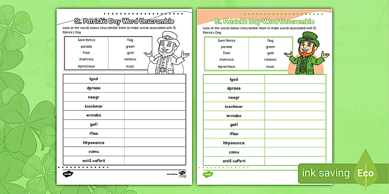 St. Patrick's Day Word Unscramble Activity - Grades K-3