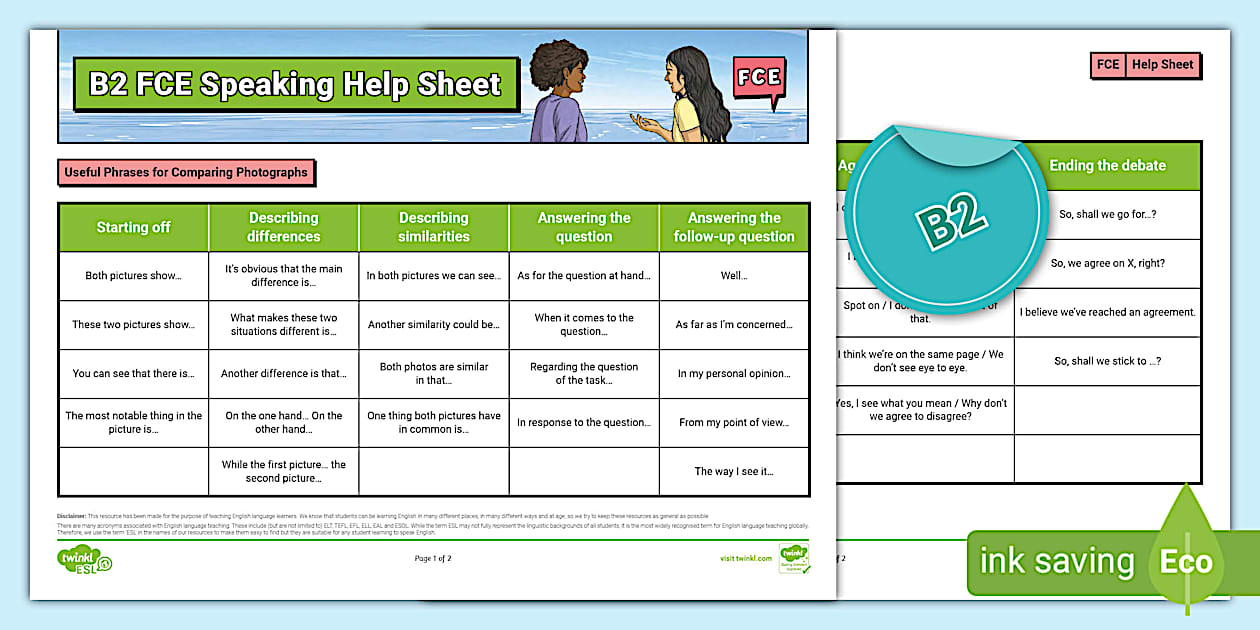 ESL B2 FCE Speaking Help Sheet (teacher made) - Twinkl