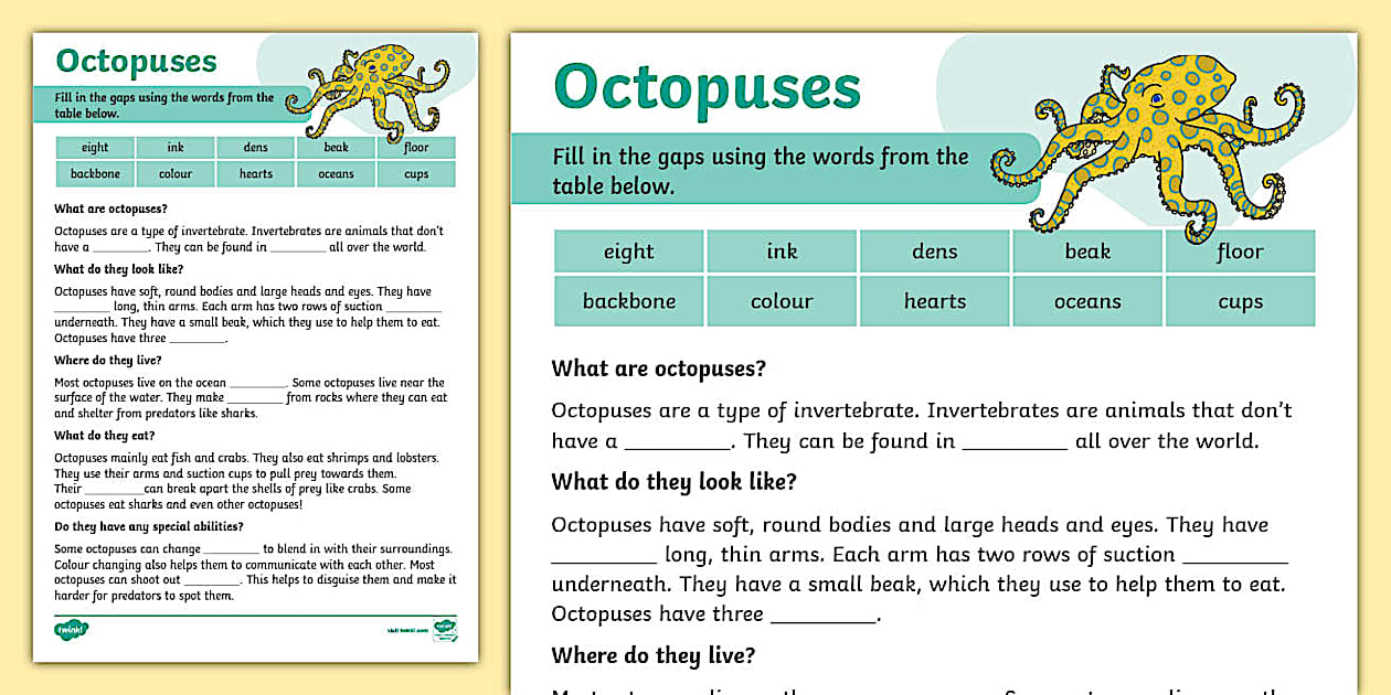 KS1 Octopus Cloze Worksheet (teacher made) - Twinkl