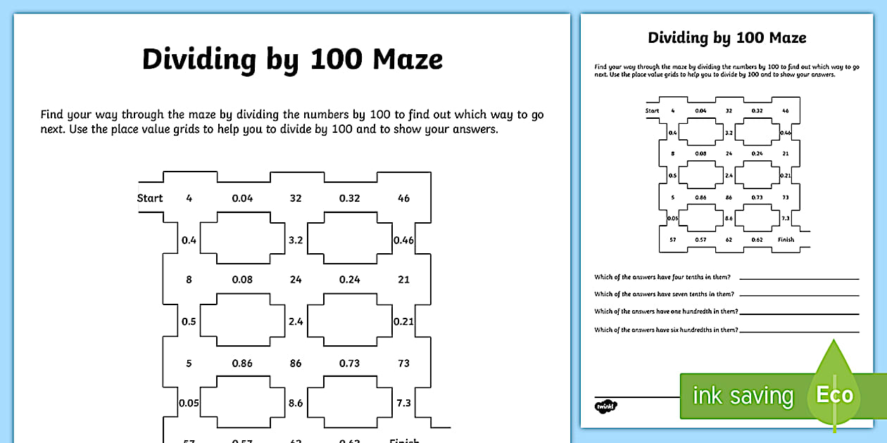 Dividing by 100 Worksheet / Worksheet - Twinkl