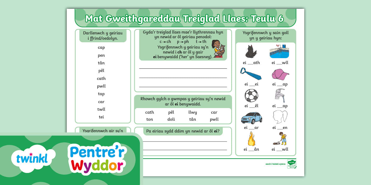 Pentre'r Wyddor: Mat Gweithgareddau Treiglad Llaes (ar ôl 'ei'): Teulu 6
