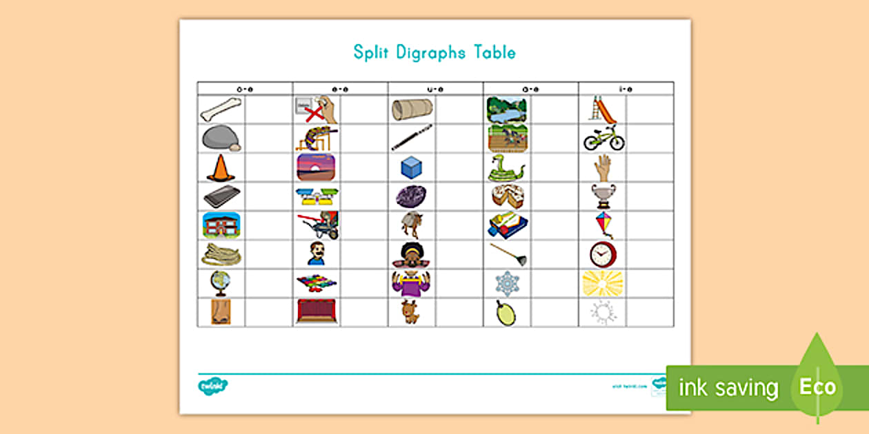 Magic e Words: Split Digraphs Table Activity Worksheet