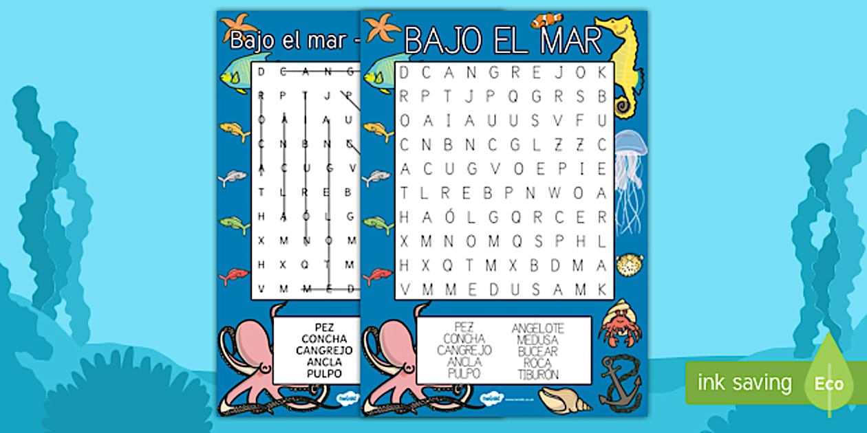 Bajo el mar Sopa de letras-Spanish