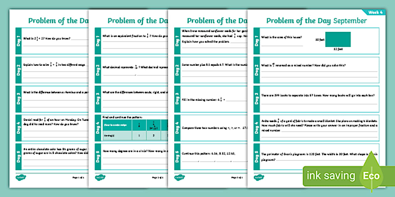 Fifth Grade Math Problem of the Day - September Worksheet