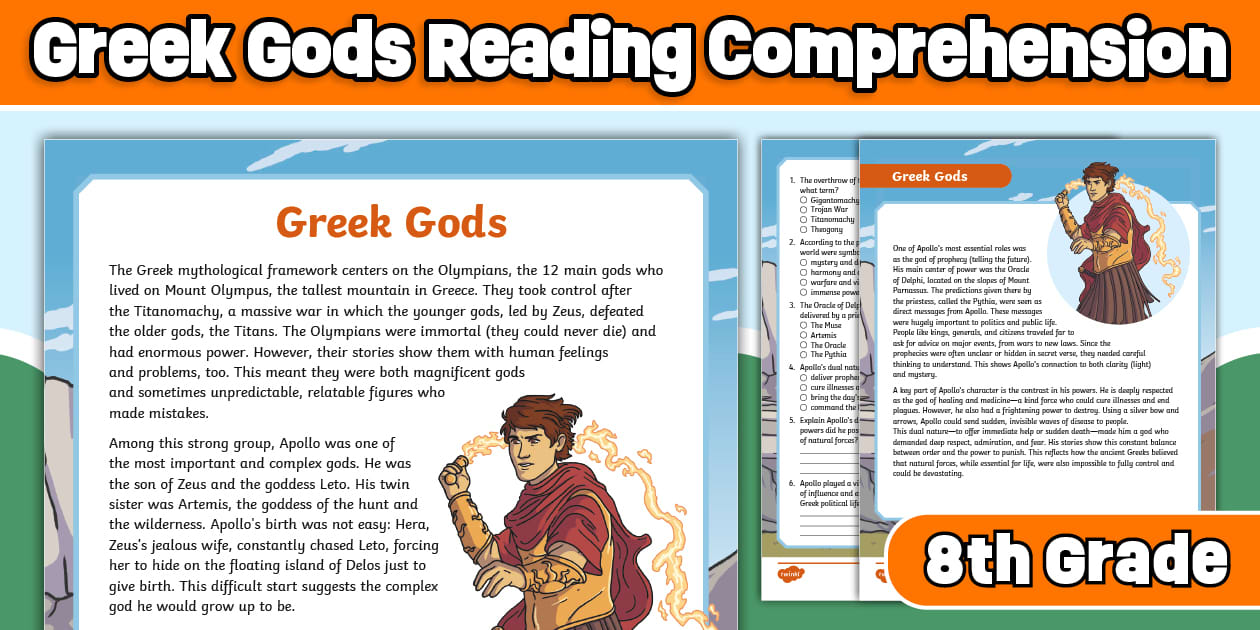 Eighth Grade Greek Gods Reading Comprehension Worksheet