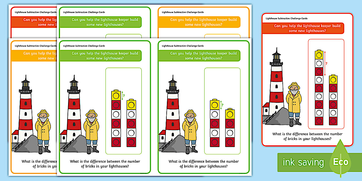Building Brick Lighthouses Subtraction Challenge Cards