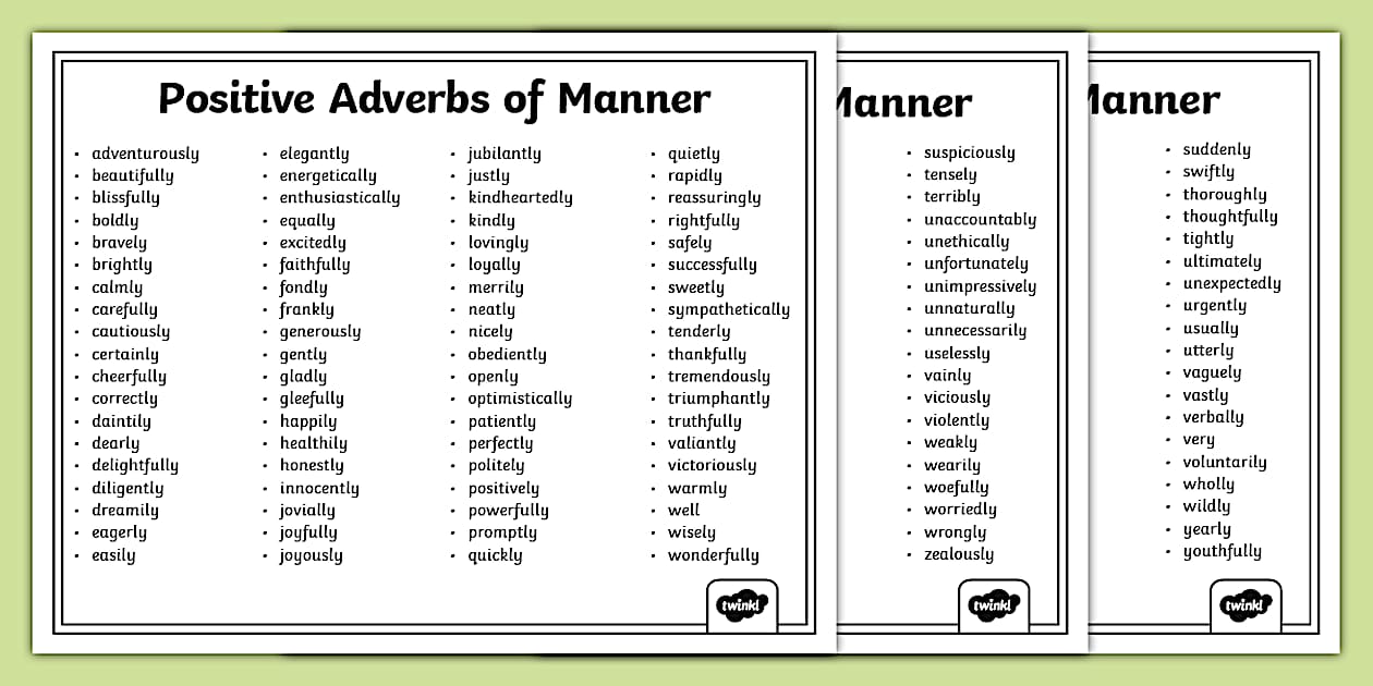 Adverbs of Manner Lists (teacher made) - Twinkl
