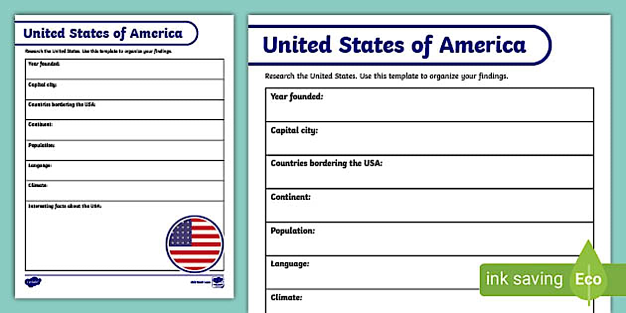 The United States of America Research Worksheet for 3rd-5th Grade