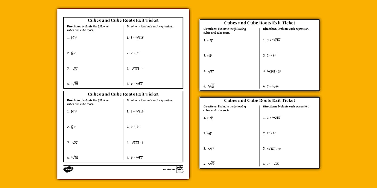 Eighth Grade Cubes and Cube Roots Exit Ticket (teacher made)