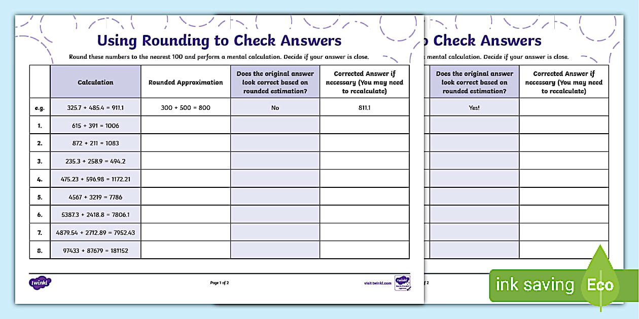 Using Rounding to Check Answers Activity Sheet - Twinkl