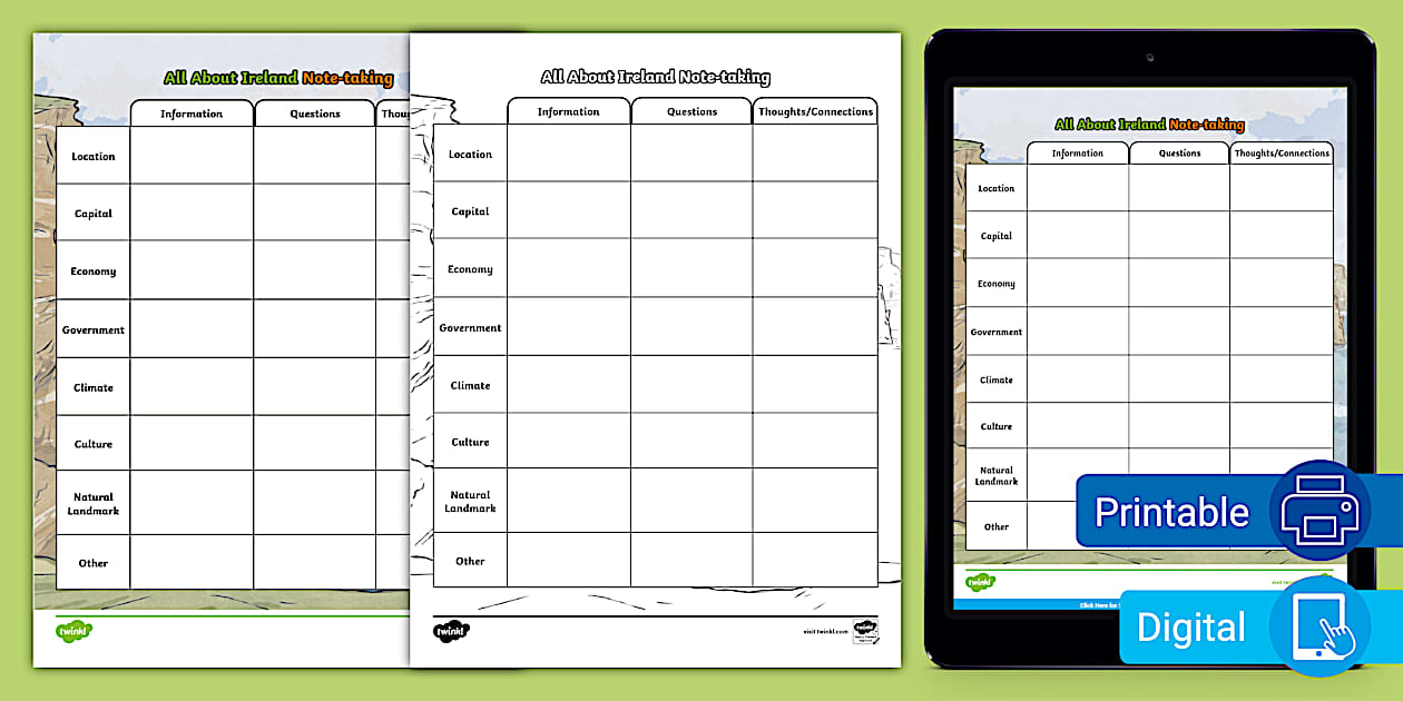 All About Ireland Note-taking Worksheet for 3rd-5th Grade