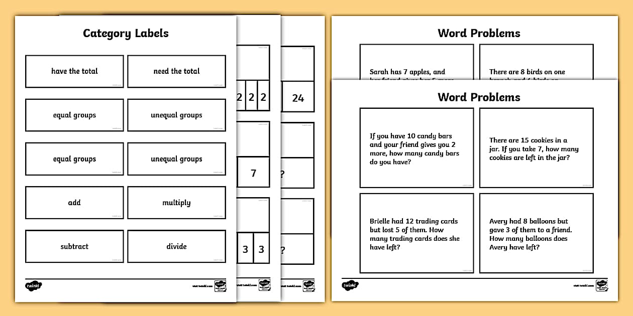 Multistep Math Word Problems Sorting Worksheet for 3rd-5th Grade
