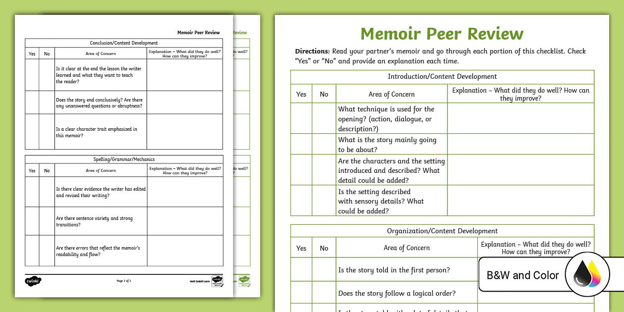 Memoir Peer Review Activity Worksheet for 6th-8th Grade