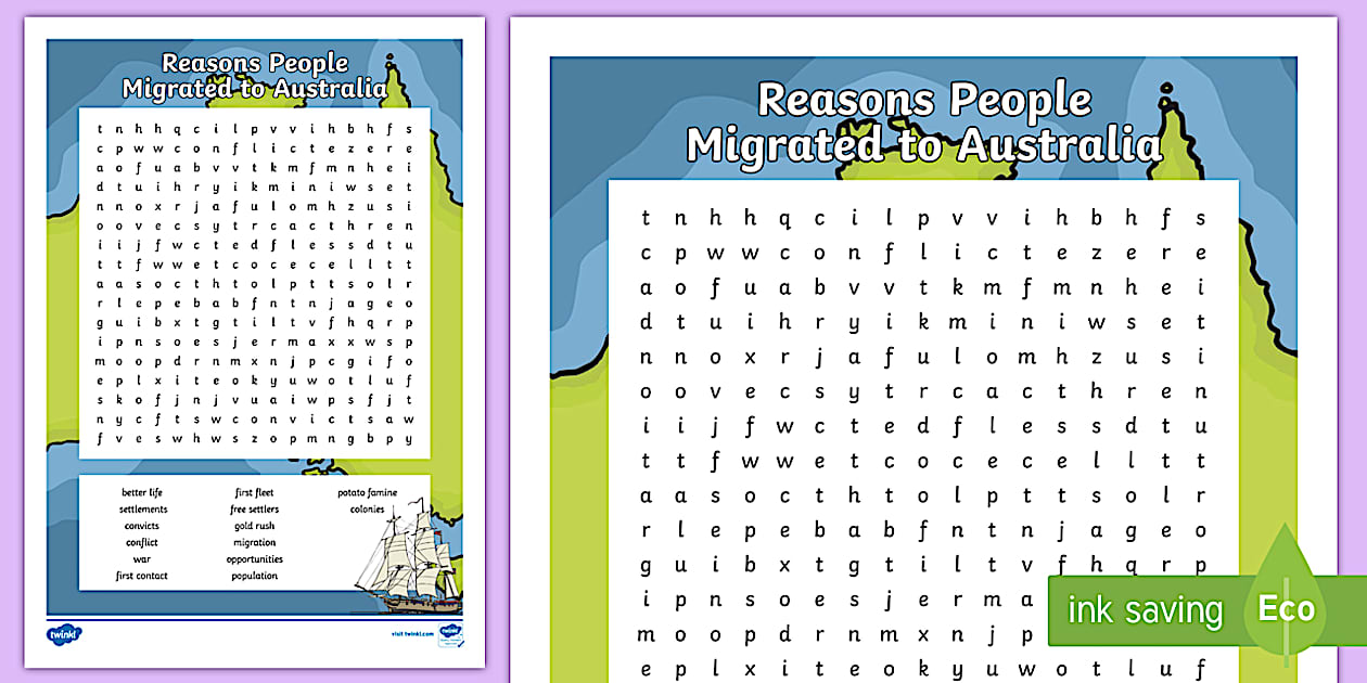 Reasons People Migrated to Australia Word Search - Twinkl