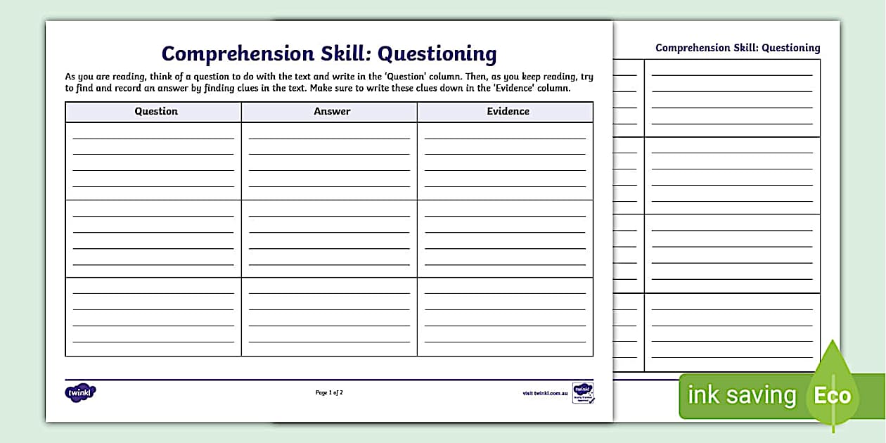Questioning Comprehension Skill Recording Worksheet - Twinkl