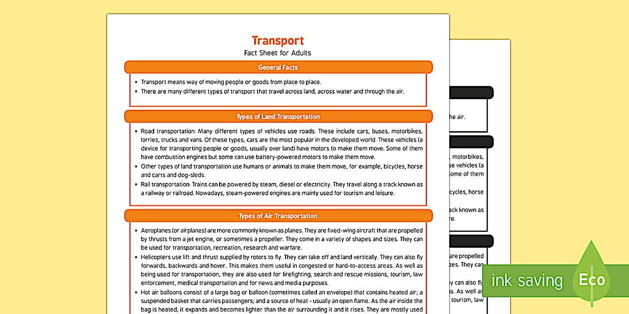 Transport Fact Sheet for Adults (teacher made) - Twinkl