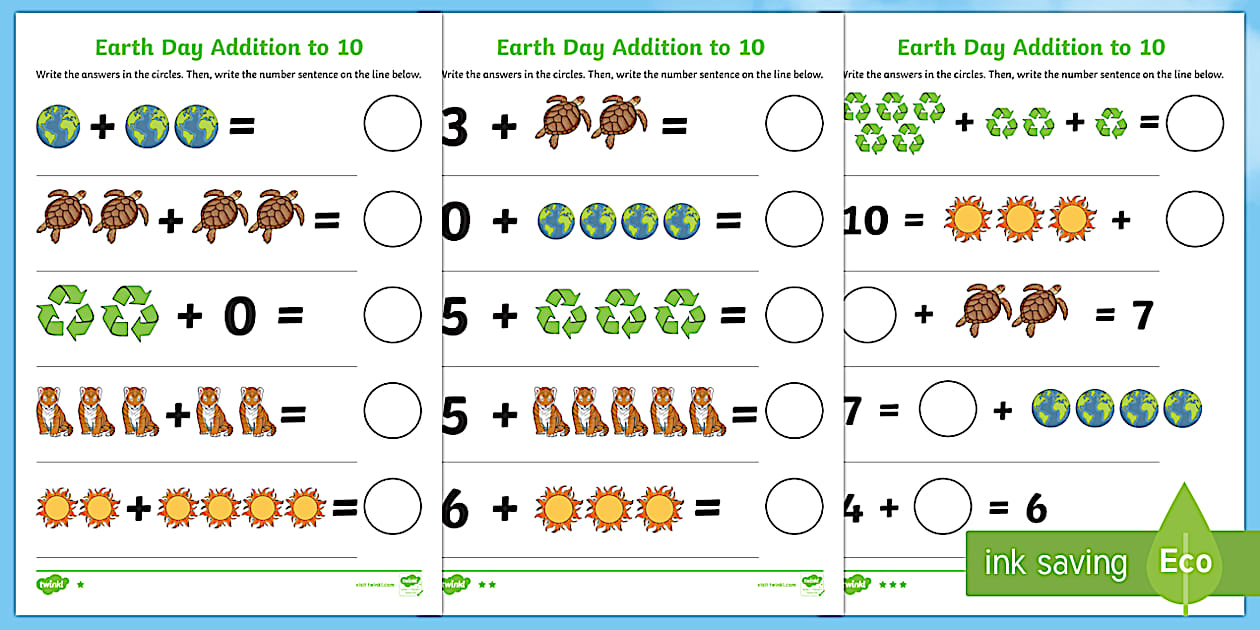 Earth Day Addition to 10 Differentiated Worksheets - Twinkl