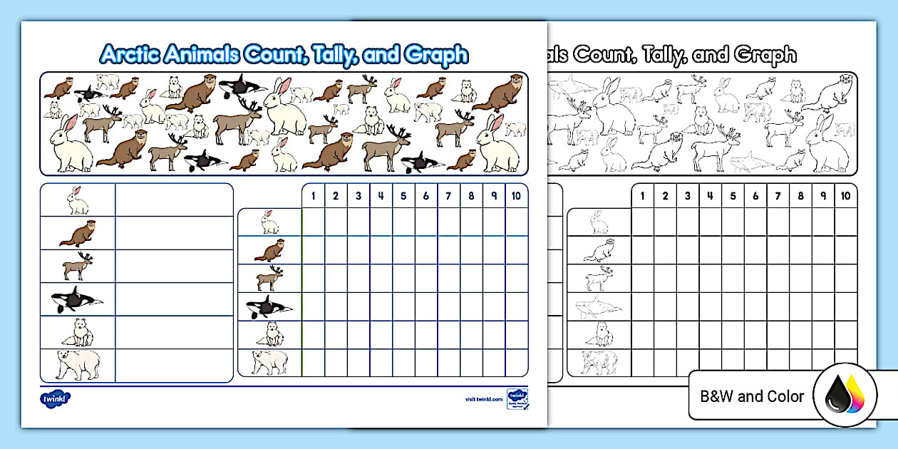 First Grade Arctic Animals Count, Tally, and Graph Worksheet
