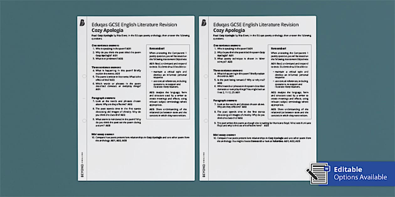 Cozy Apologia Analysis Revision | Eduqas Poetry GCSE