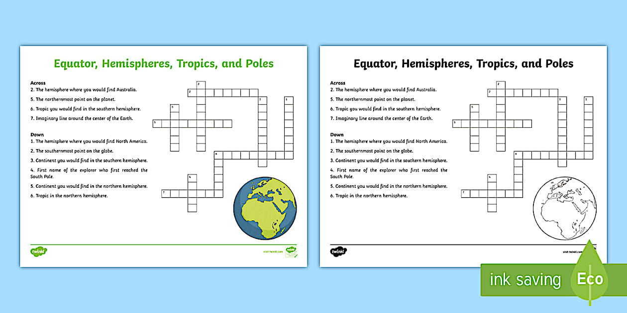 Equator, Hemispheres, Tropics, and Poles Crossword - Twinkl