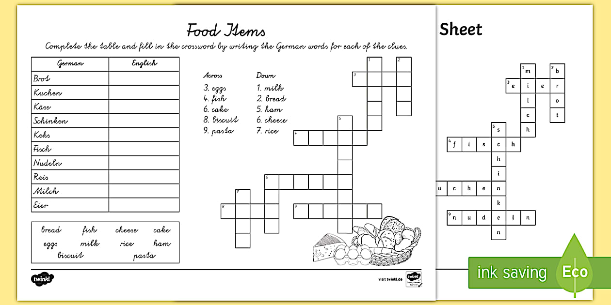 Food Items Crossword - German (teacher made) - Twinkl