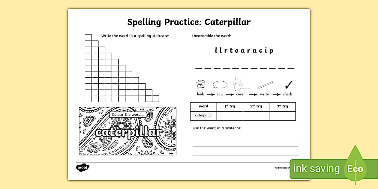 Caterpillar Spelling Practice Worksheet (teacher made)