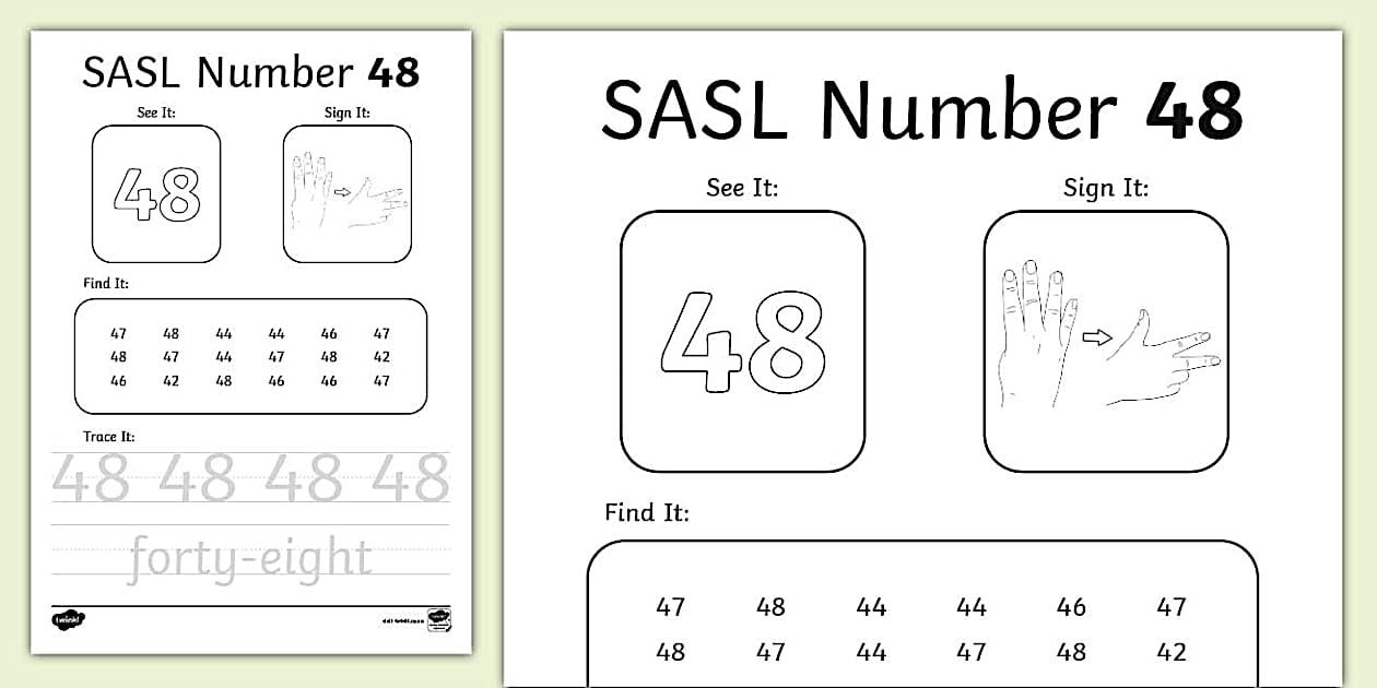 SASL Number 48 Activity Worksheet (teacher made) - Twinkl