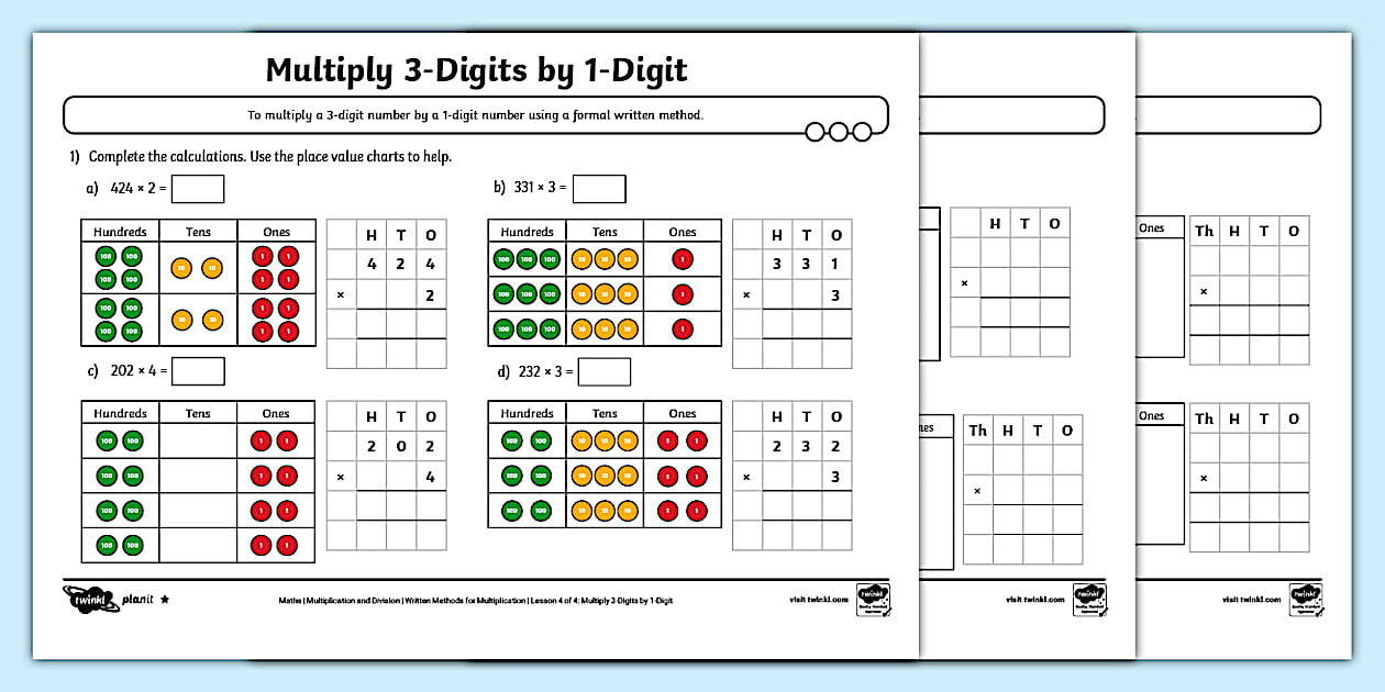 👉 Multiply 3-Digits by 1-Digit Maths Activity Sheets