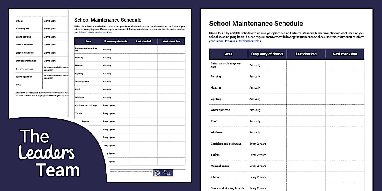 School Maintenance Schedule - SLT (Teacher-Made) - Twinkl