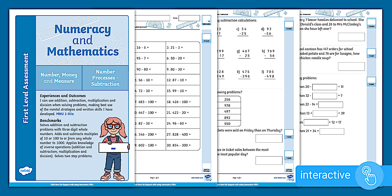 Interactive PDF: First Level Assessment - Subtraction