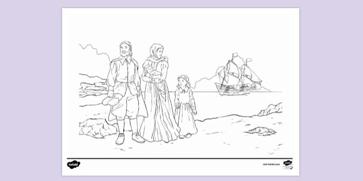 Pilgrims Landing in New Settlement Plymouth Colouring Sheet