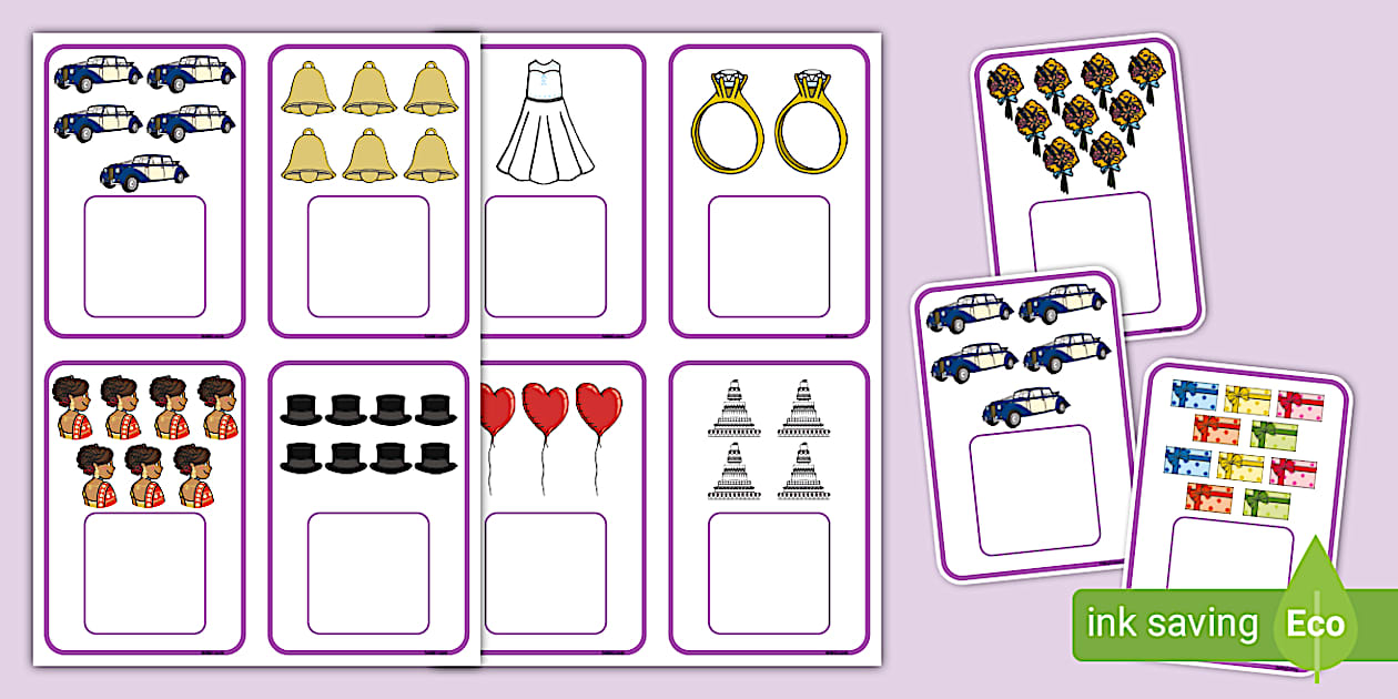 Wedding-Themed Count and Write the Matching Numeral Cards